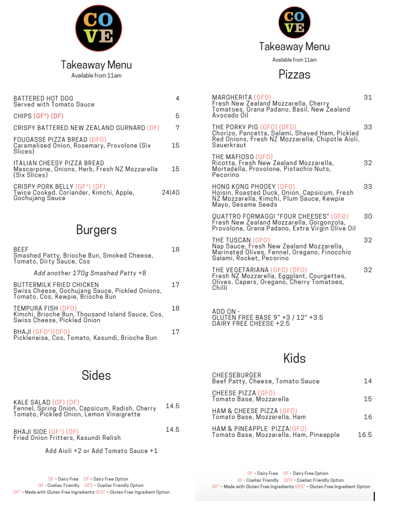 Cove Menus | The Cove Cafe, Restaurant & Bar Waipu